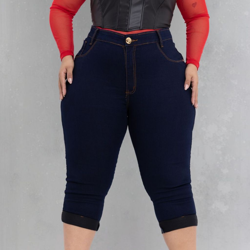 Calça corsário capri jeans skinny feminino plus size elastano cós alto ...