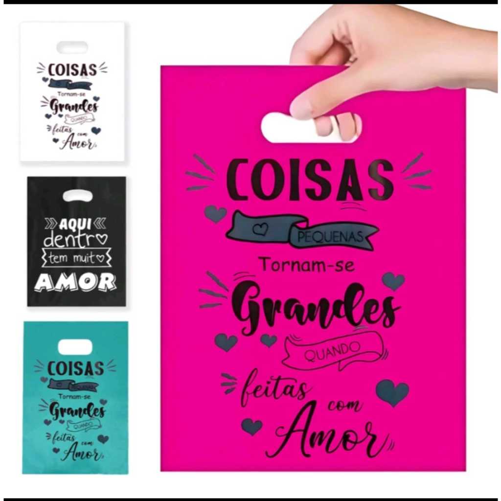 50 sacolas boca vasada com frases 20x30 e 30x40 lindas para loja ...