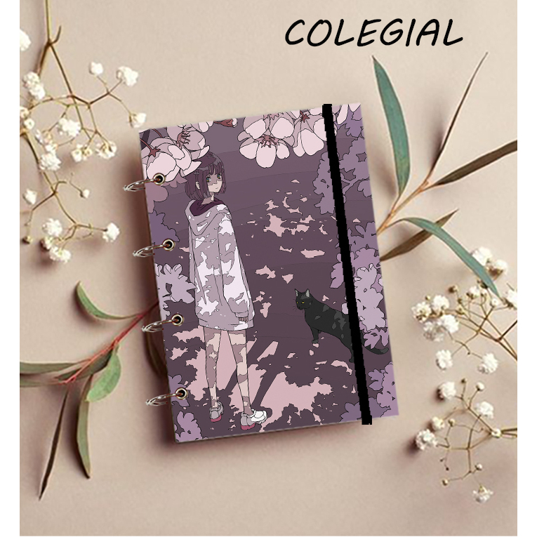 Caderno COLEGIAL Com Argolas Articuladas (Argolado) Menina com gato ...