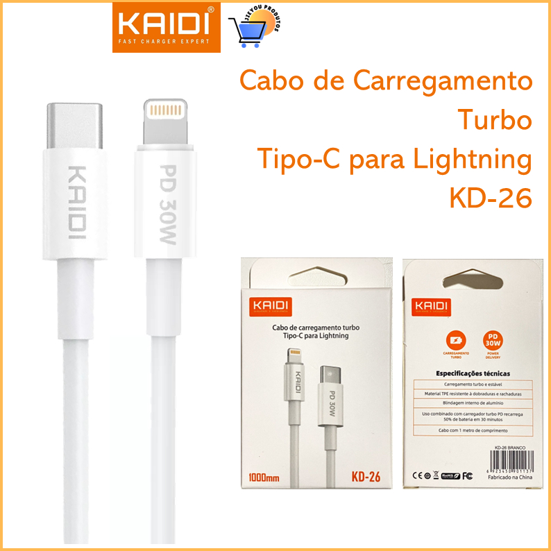 Cabo de Dados e Carregamento Turbo Tipo-C para Lightning KAIDI KD-26 ...