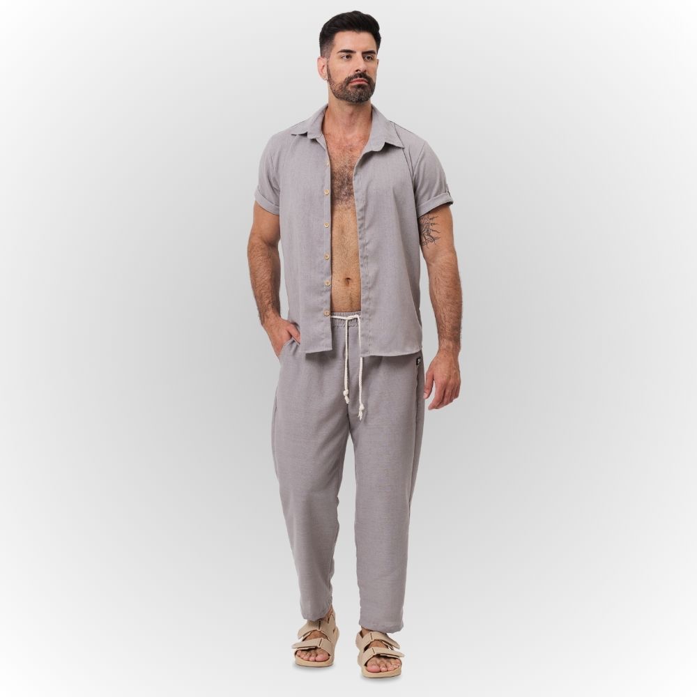 Conjunto Masculino Linho Cinza - Linha Exclusiva | Shopee Brasil