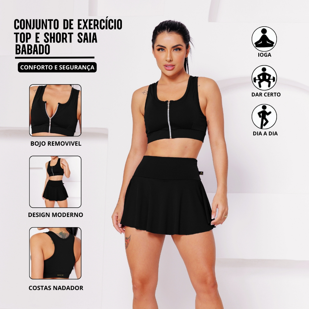 Conjunto Top Com Ziper E Bojo E Short Saia Babado Tapa Bum Bum Sinta O ...