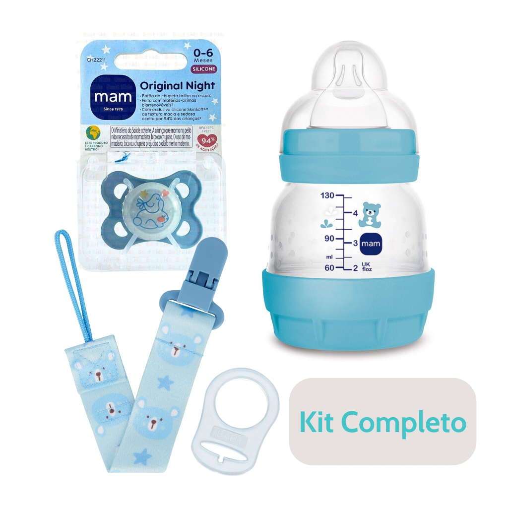 Kit Meninos Mamadeira MAM Chupeta Prendedor MAM 130ml Anticólica ...