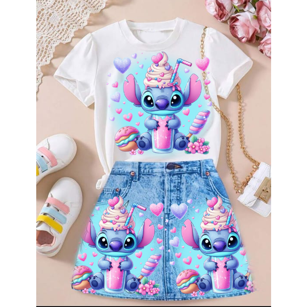roupa infantil menina conjunto kit saia de malha imita jeans blusinha ...