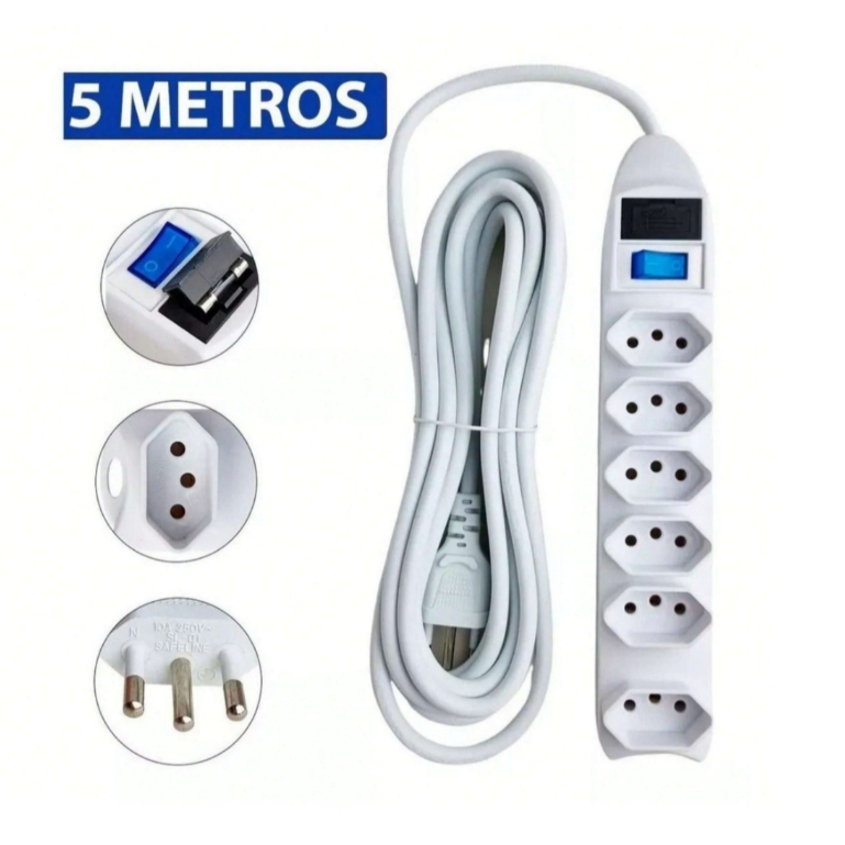 Extensão Elétrica 6 Tomadas Filtro De Linha Tomada Bivolt Com Fusível Interruptor Extensao ...