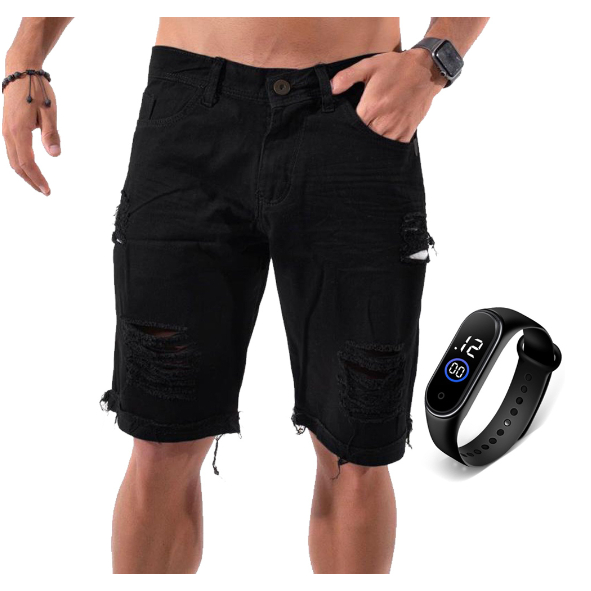 Bermuda Jeans Masculina Preta Rasgada Shorts Jeans Preto Rasgado ...
