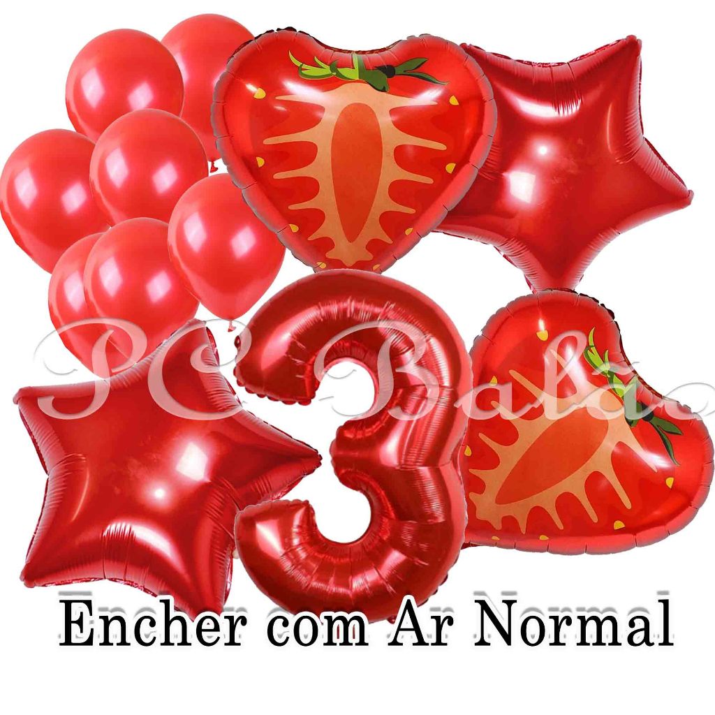 Kit 12 Balão Metalizado 2 MORANGO 45CM + 7 Bexiga Vermelha + 1 N° 70cm VERMELHO 2 Estrela ...