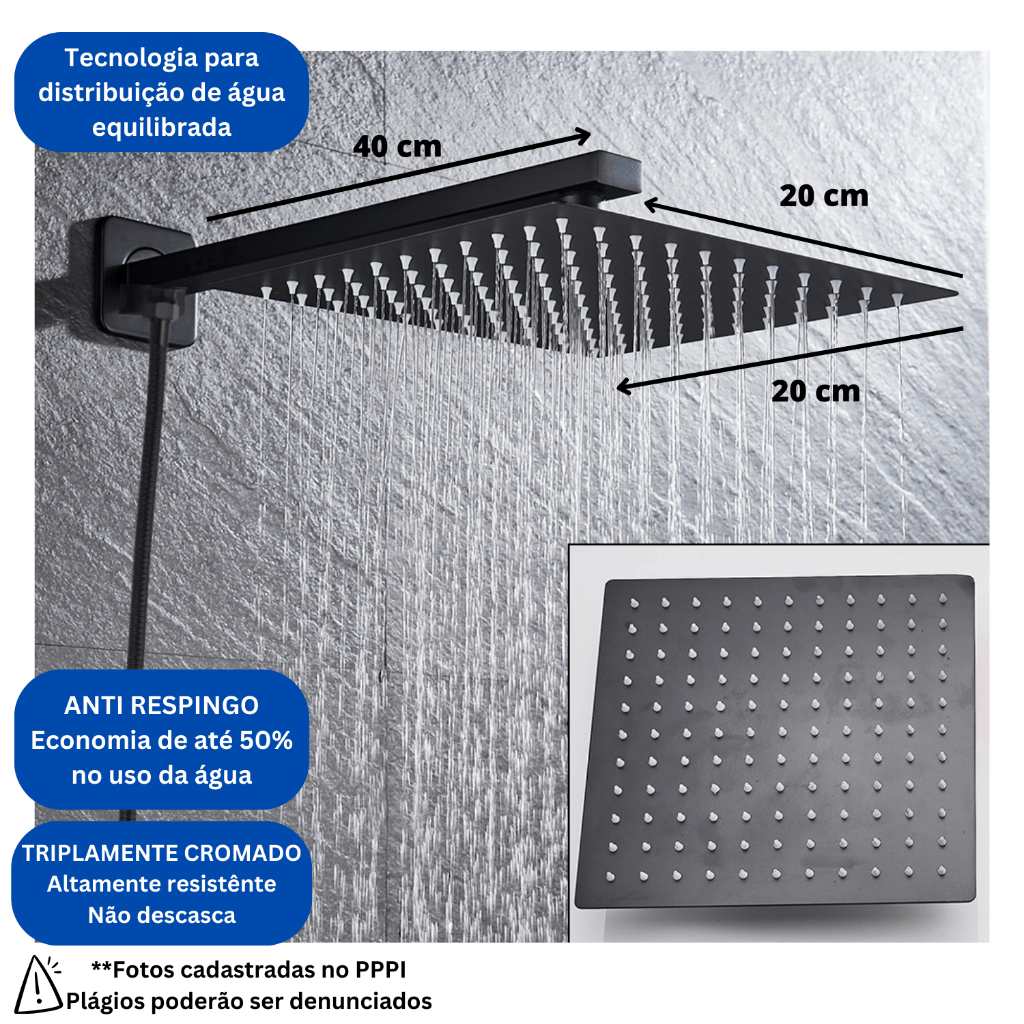 Ducha Chuveiro Quadrado 20x20cm Completa Com Chuveirinho Desviador ...