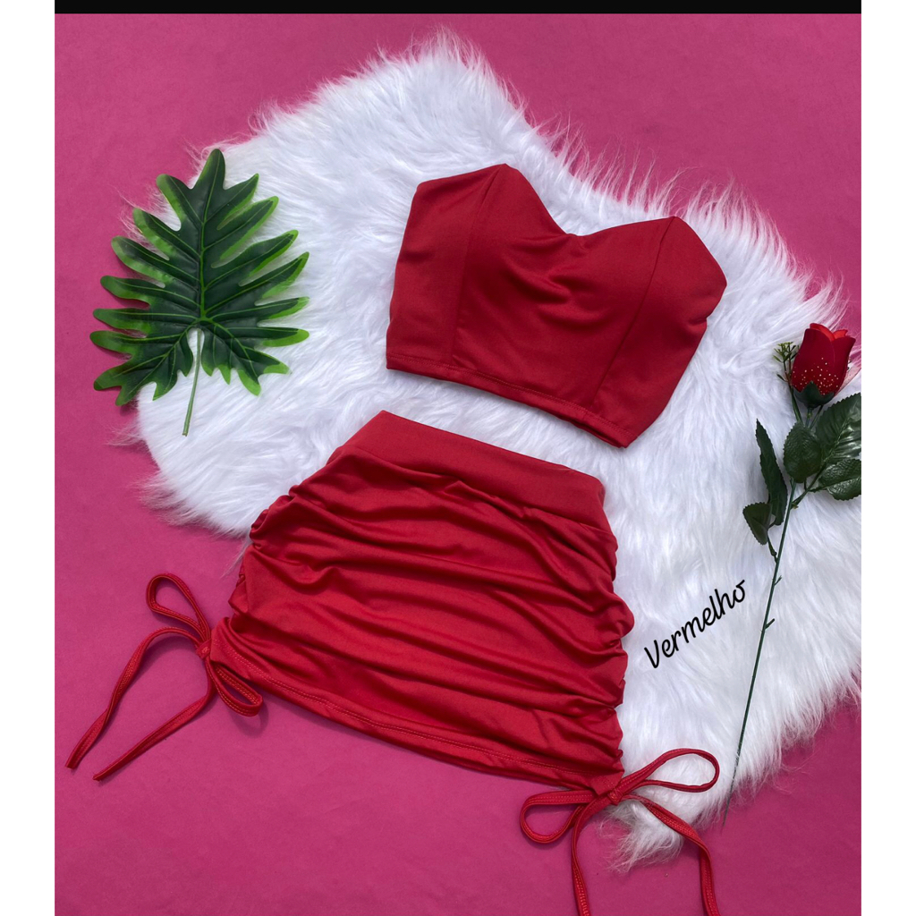 Conjunto feminino saia franzida + cropped corselet com bojo natal ...