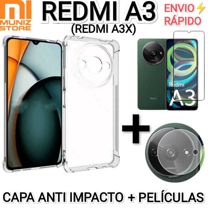 Kit Redmi A3 A3x Xiaomi Case Capa Capinha Anti Impacto Película Frontal