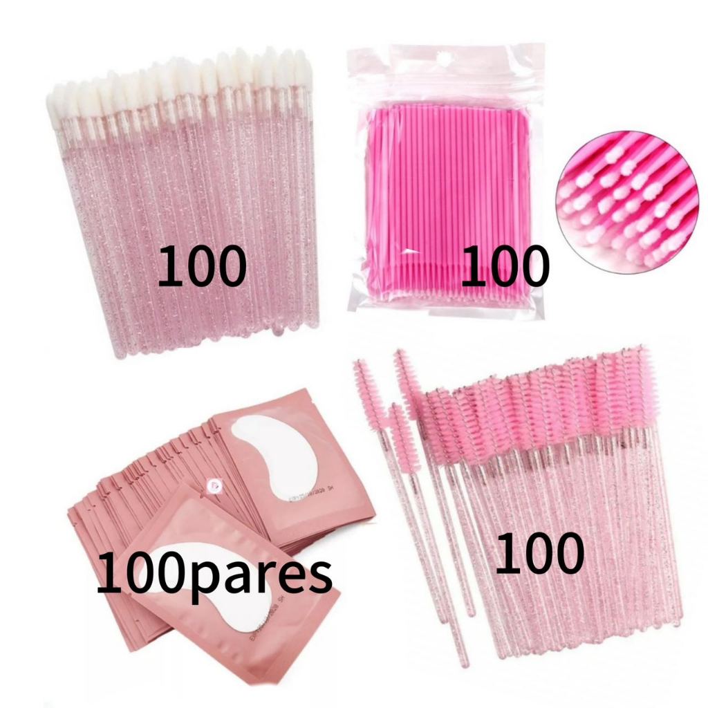 Kit - 100 Escovinhas + 100 Microbrush + 100 Aplicador +KIT 100 Pares de Gel Pads (200 Unidades ...