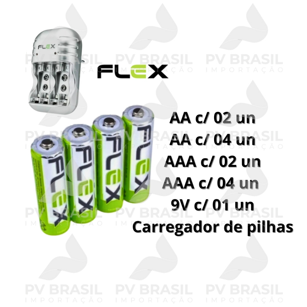 Bateria Pilha Recarregável 2A AA 3A AAA 9V Blister com 2 ou 4 Unidades 1.2V - FLEX | Shopee Brasil