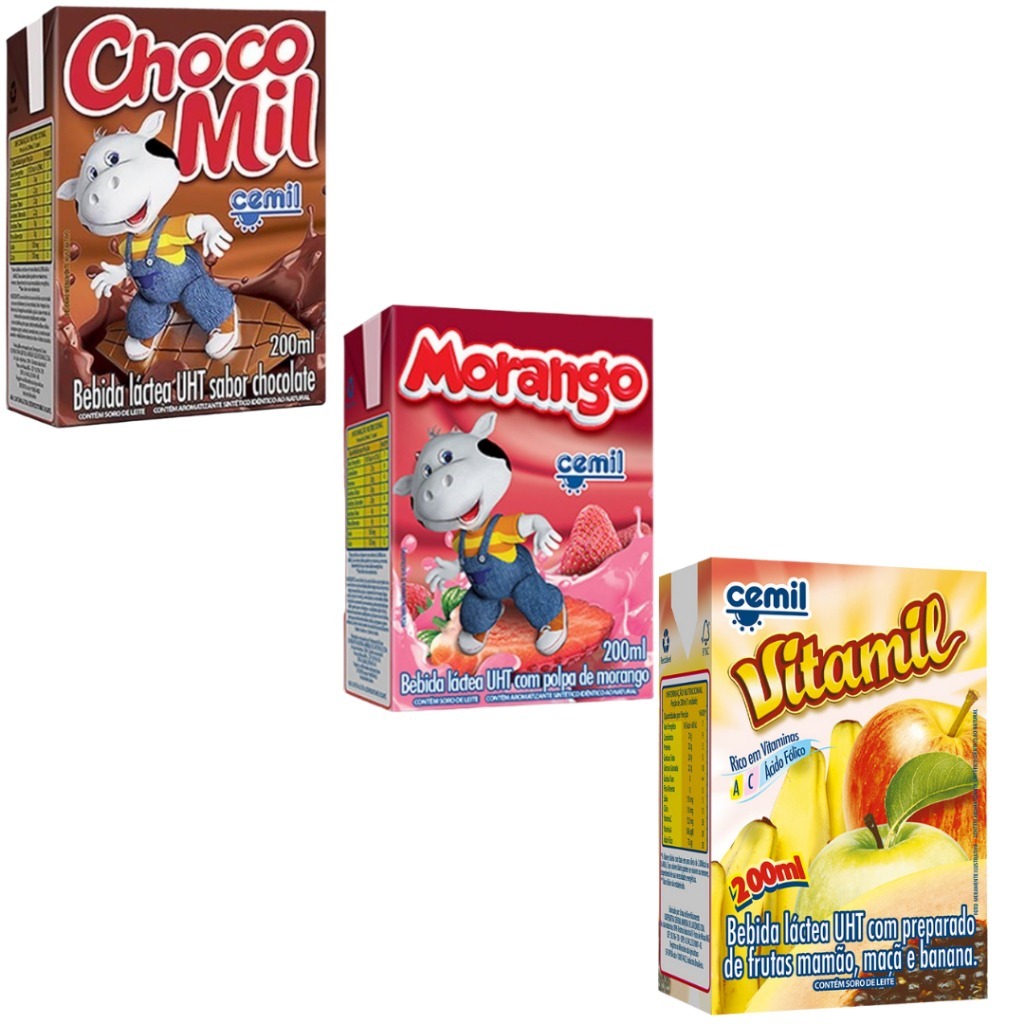 Kit c/ 10 Bebida Láctea Cemil 200ml - sabores Chocolate, Morango e ...