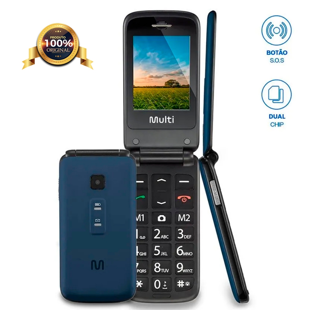 Celular Idoso Bluetooth Flip Vita Azul Multilaser 2G com botão SOS | Shopee Brasil