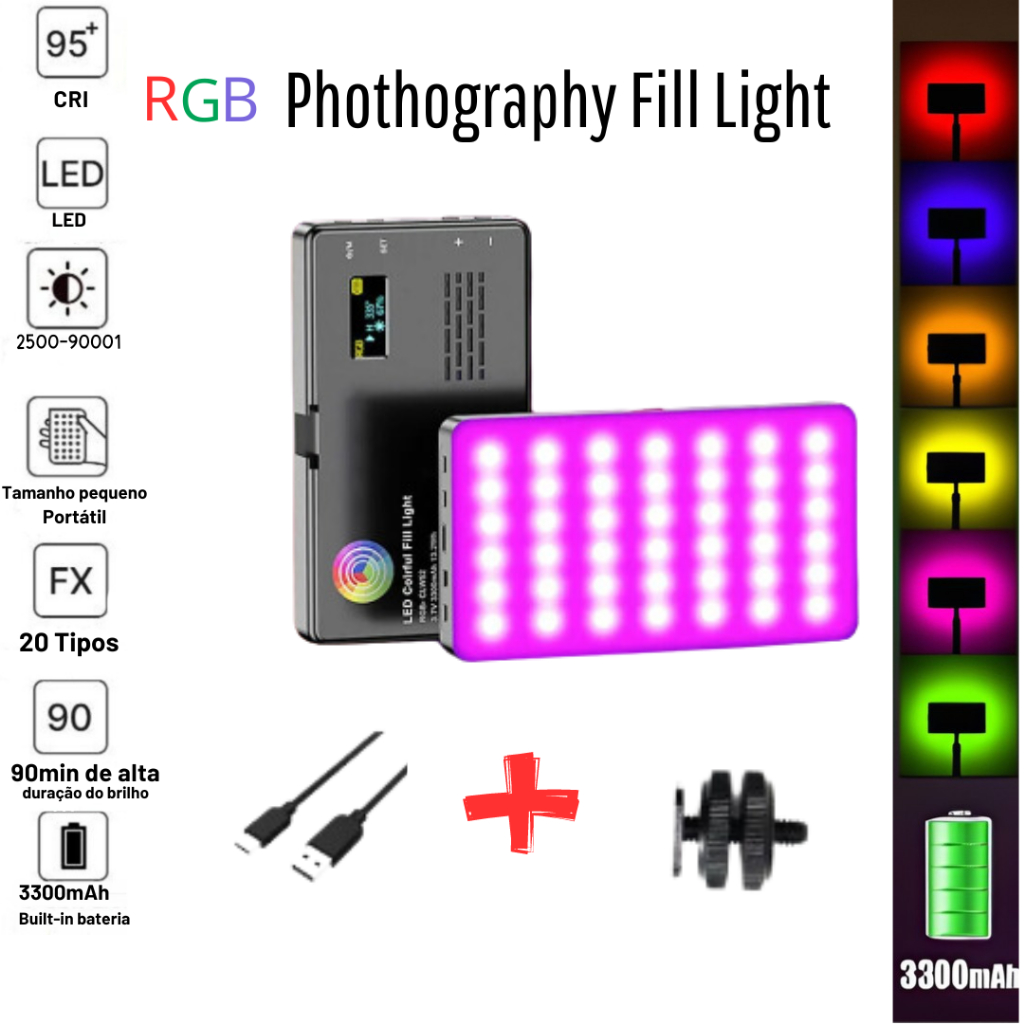 Kit de Iluminação LED Phothography Fill Light Color RGB Video Light, On ...