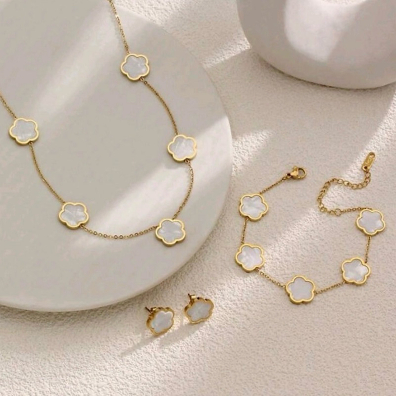 Kit Trevo Virginia Conjunto Colar Brinco Pulseira Dourado Folheado Flor ...