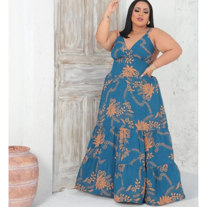 Vestido longo alça plus size forrado 50/54 - Liane | Shopee Brasil