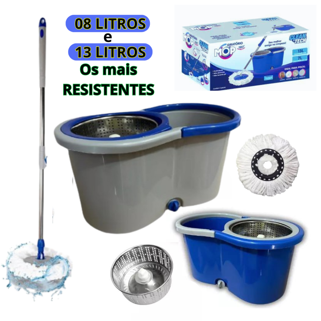 Mop Giratorio Cesto Inox 13 Litros Esfregao Balde Mope 360° Rodo de ...