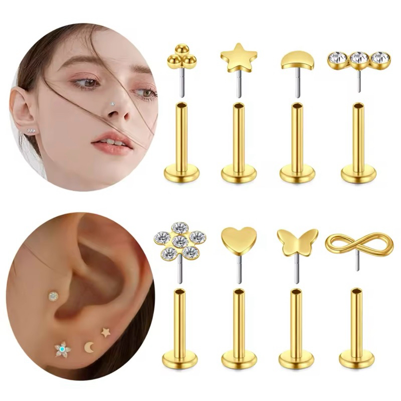 piercing pin push plug labret tragus helix coração/estrela/flor/lua ço ...