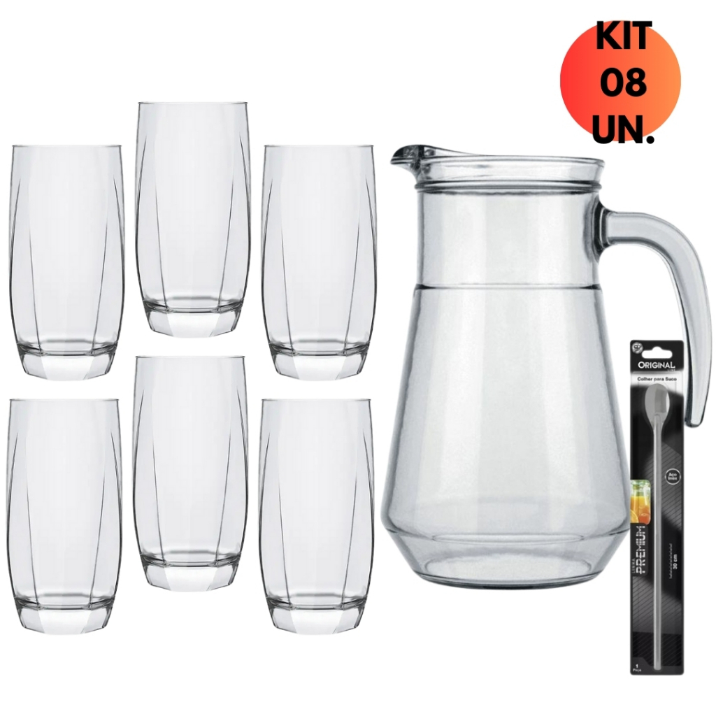 Kit 08 Peças Suco Vidro C/ Jarra Bar 1.5L + 06 Copo 425ml Capri+ Colher ...