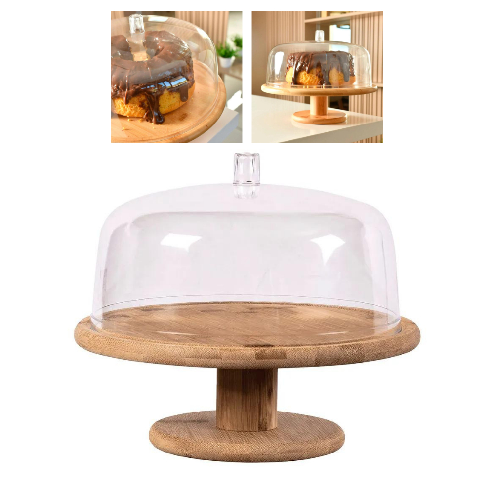 Boleira Em Bambu Com Base Com Pé 27,5cm Cúpula de Acrílico e Prato para ...