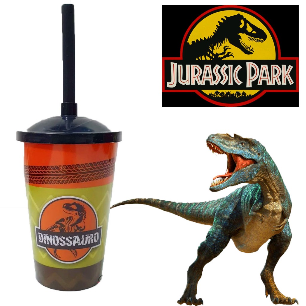Copo com tampa e canudo de plastico squeeze Dinossauro park ...