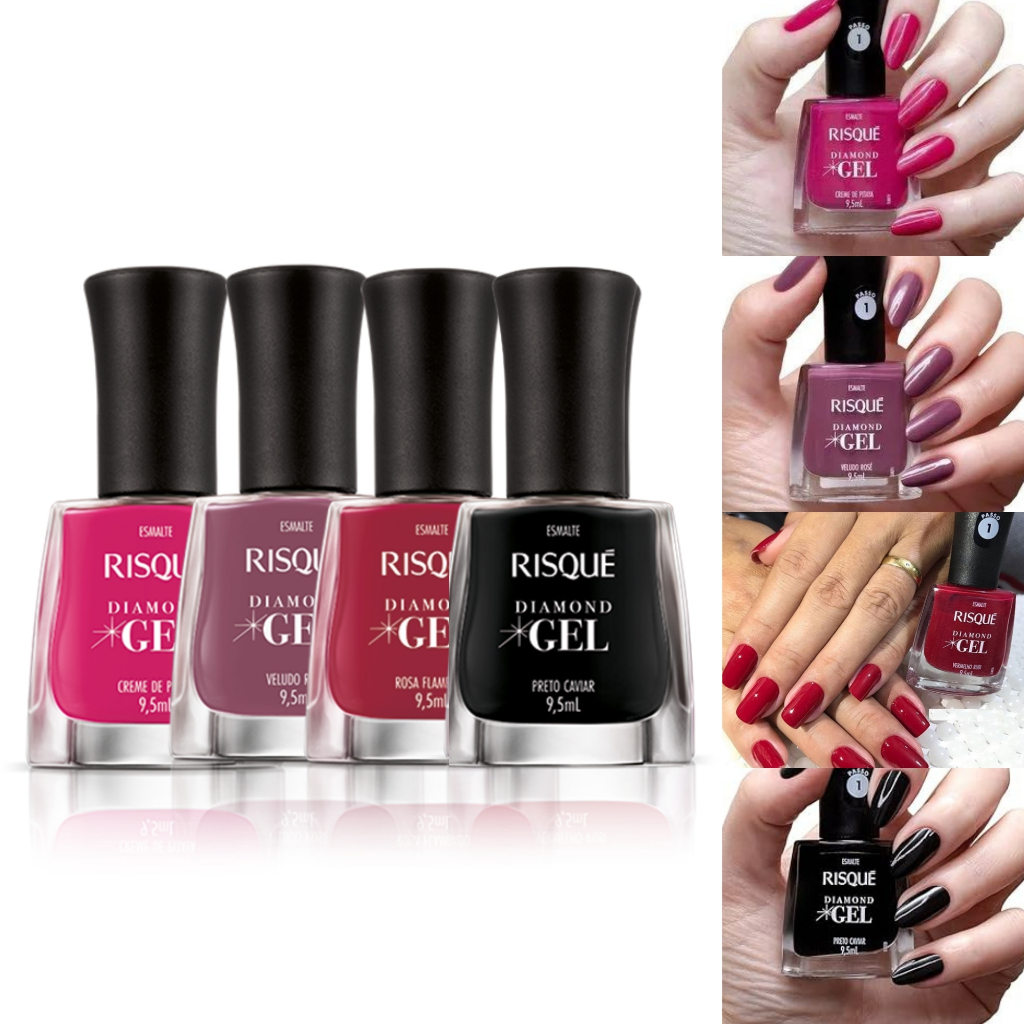 Kit 4 Esmaltes Risque Diamond Gel Tons Escuros Rosa Roxo 9,5ml Cremoso ...