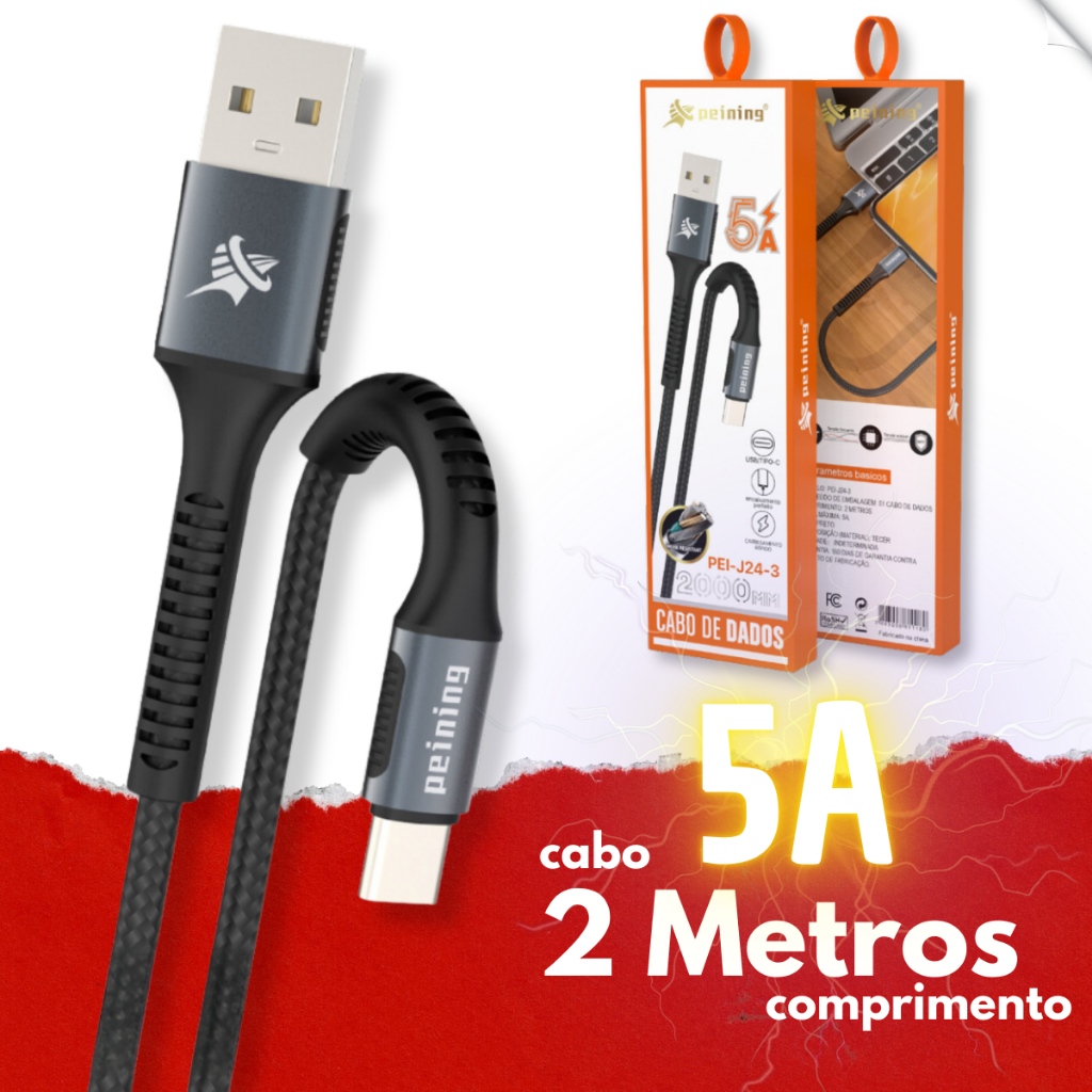 CABO TIPO C Cabo 200 CM 6A/3.6A Carregamento Rápido e Transferência de ...