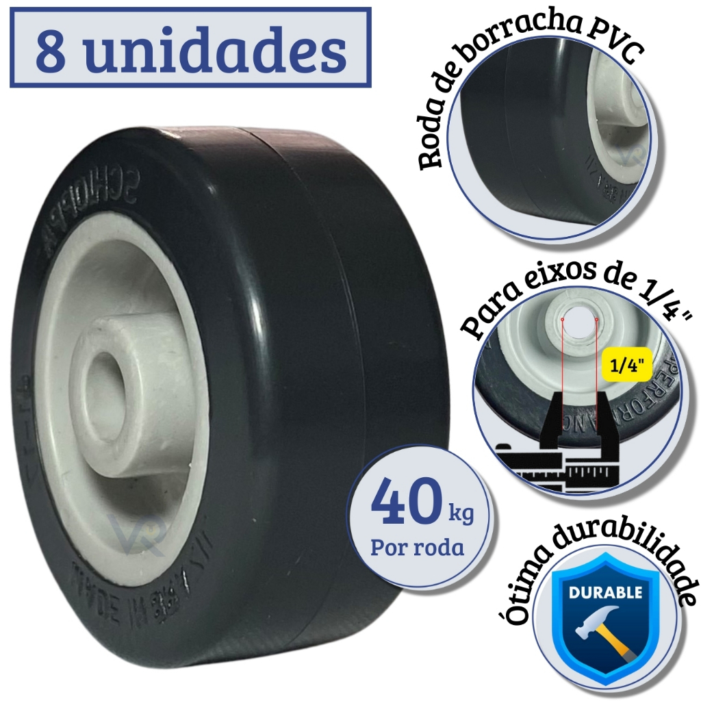 Kit com 8 Rodinhas 210 BP SM de 2” Borracha PVC 50mm 40kg Cada Eixo 1/4 ...