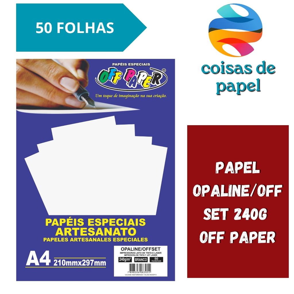 Papel Opaline A4 240g Branco 50 Folhas Off Paper | Shopee Brasil