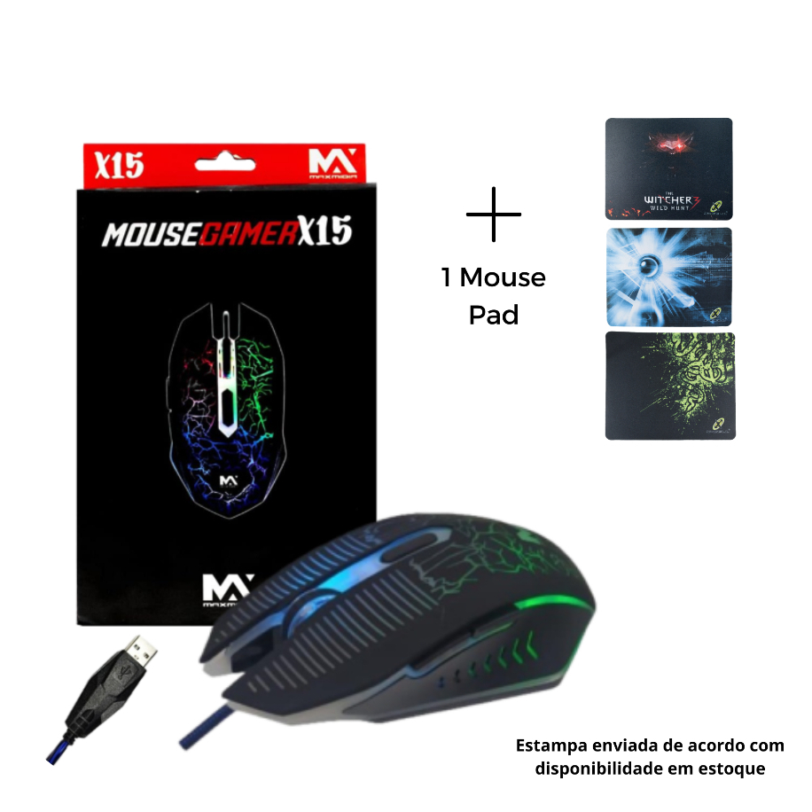 Kit Mouse Gamer USB + Mouse Pad Efeito RGB 3600 DPI 7 Cores Led e 6 Botões Click Preciso Max ...