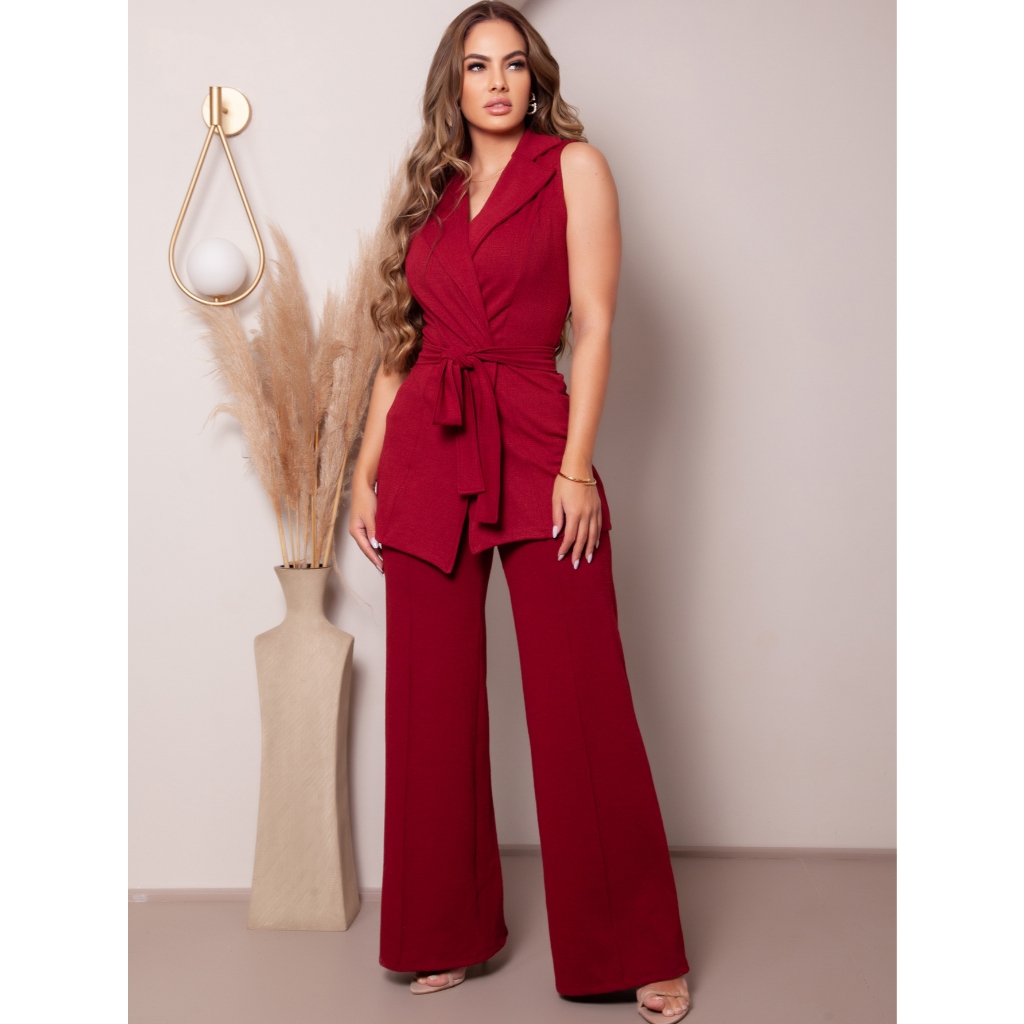 Conjunto Max Colete e Calça Pantalona Social Cintura Alta Jacard Linho ...