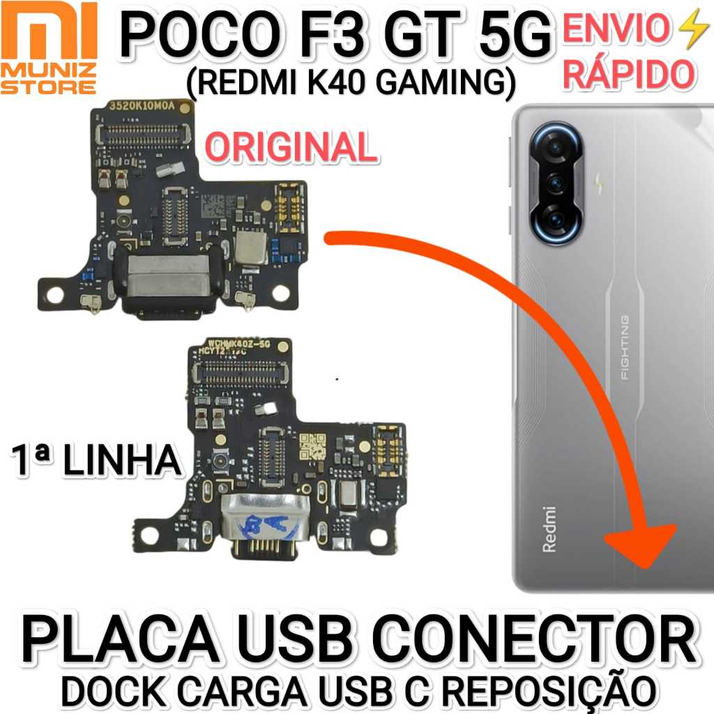 Placa USB Redmi K40 Gaming / Poco F3 GT Conector De Carga FPC Tipo C Original/1° Linha Carrega ...