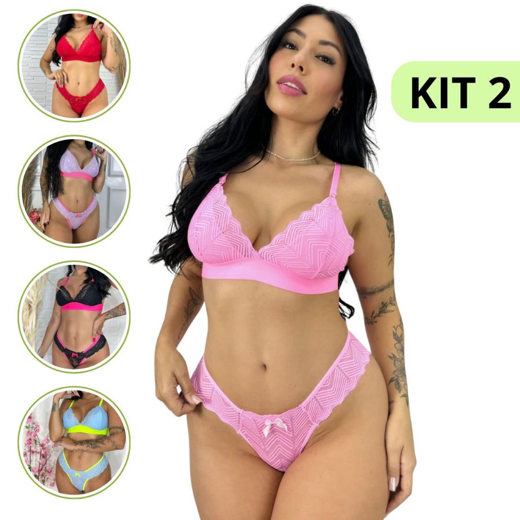 Kit 2 Conjunto Renda Neon Bicolor Sexy Moda Feminina Sutiã Sem Bojo