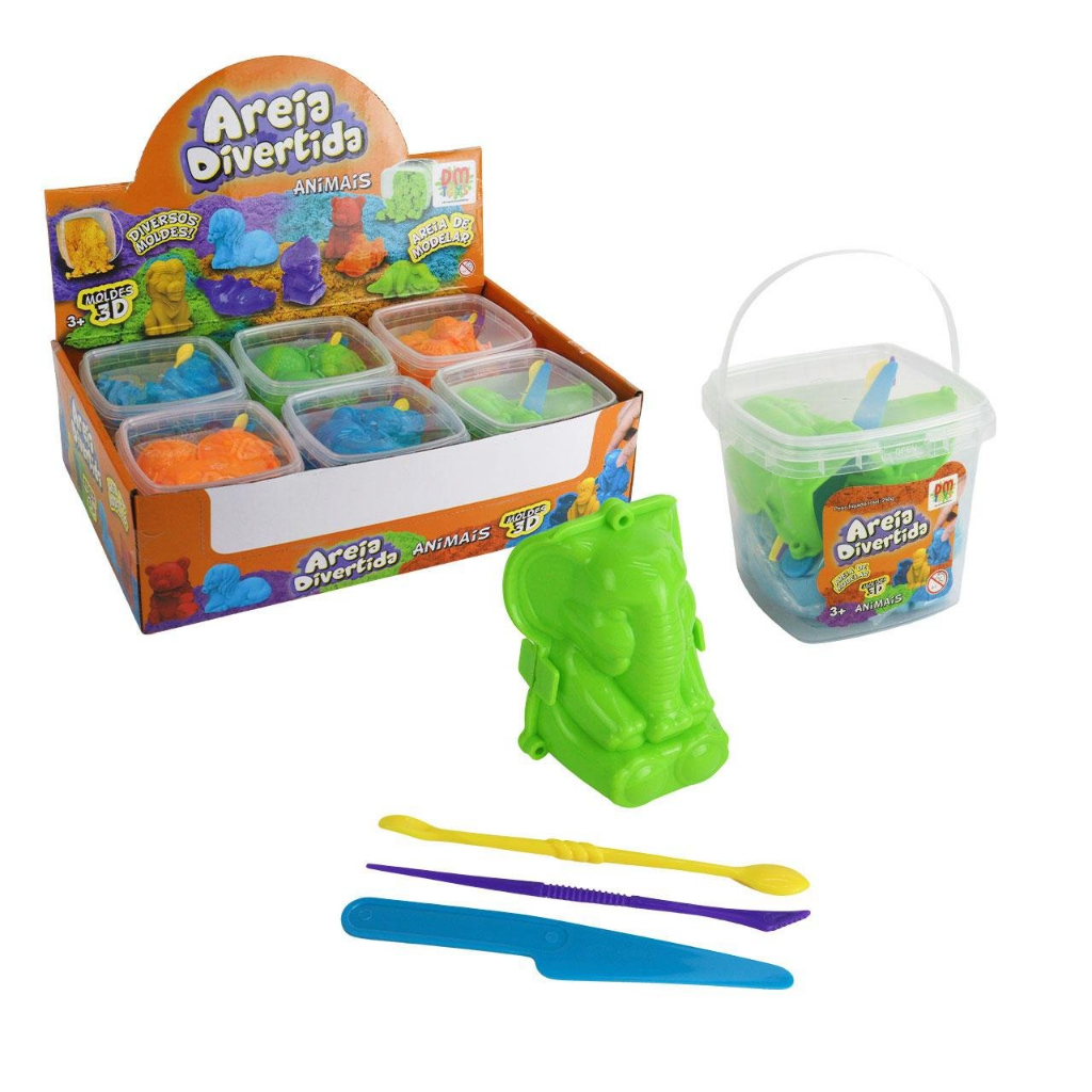 Areia Mágica Divertida 250g Balde com 2 Moldes Animais 3 Ferramentas ...