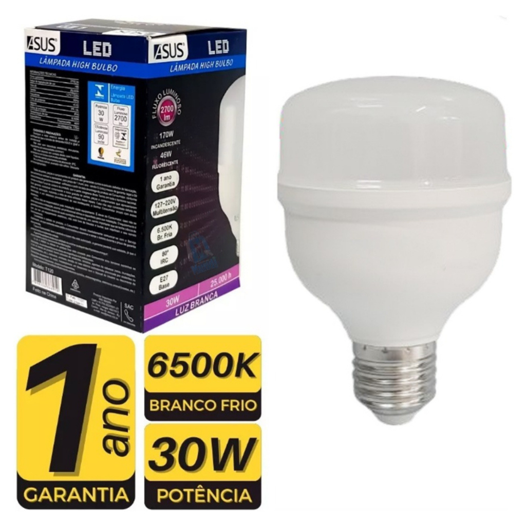 Lâmpada Led Super Bulbo 20w, 30w ,40w e27 Bivolt 6500k Branco Frio Asus | Shopee Brasil