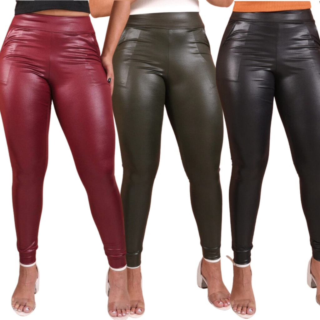 Calça Leg Legging Feminina Cirre Fake Brilhante Molhado Cintura Alta ...