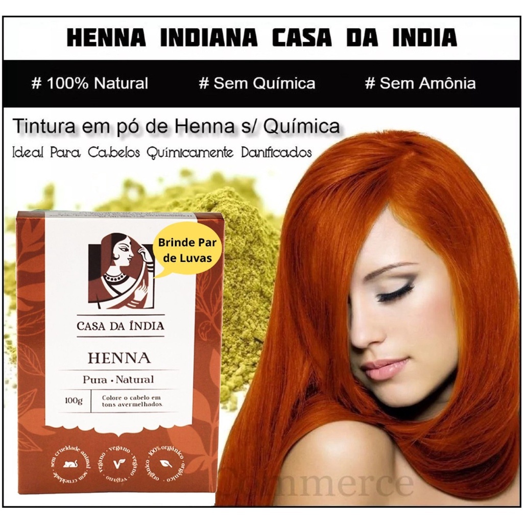 Henna 100% Natural Casa Da Índia Coloração Saudável e Forte Transforme ...