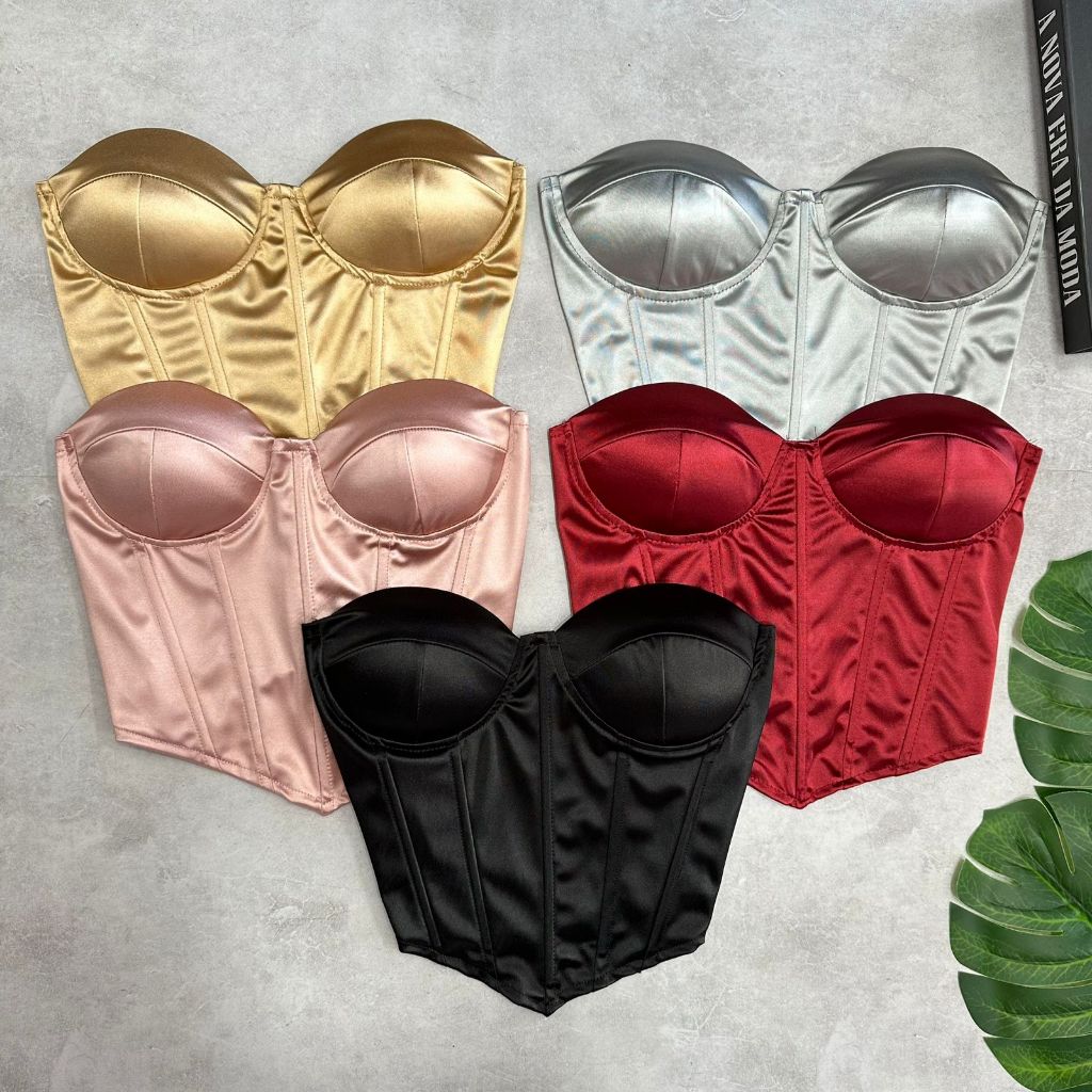 Cropped Corselet Corset Top Feminino Acetinado Corpete Tomara Que Caia ...