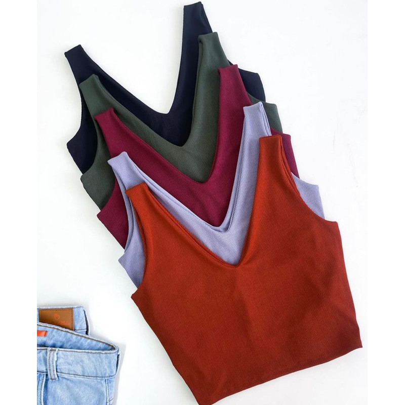 cropped feminino comprido com decote em V regata em ribana | Shopee Brasil