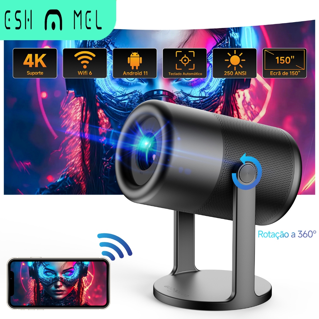 Mini Projetor 4K HD 150 Polegadas Rotação de 360° Para Android 11 IOS ...