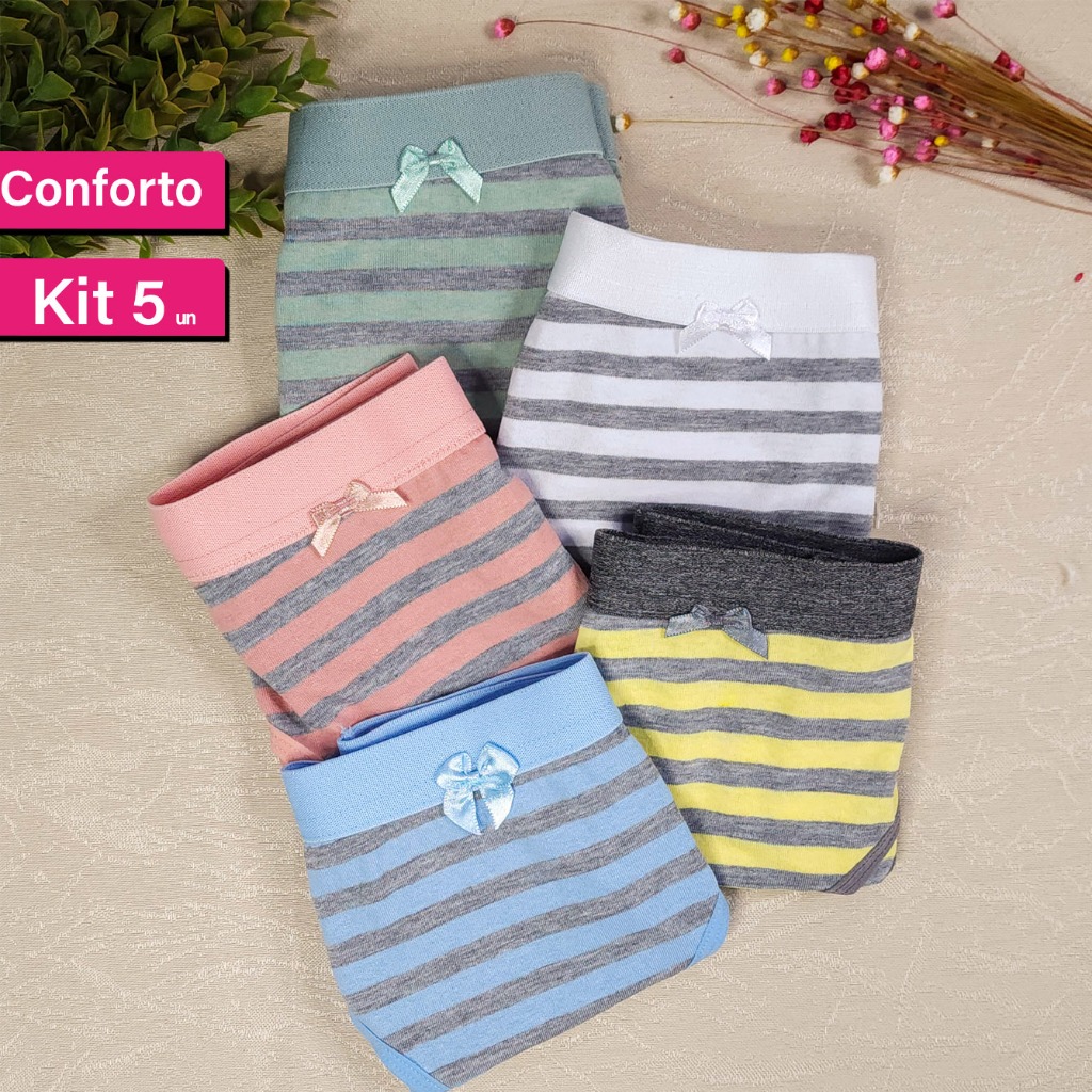 Kit 5 Calcinha Algodão Listrada Conforto Calçola Idosa Confortável ...