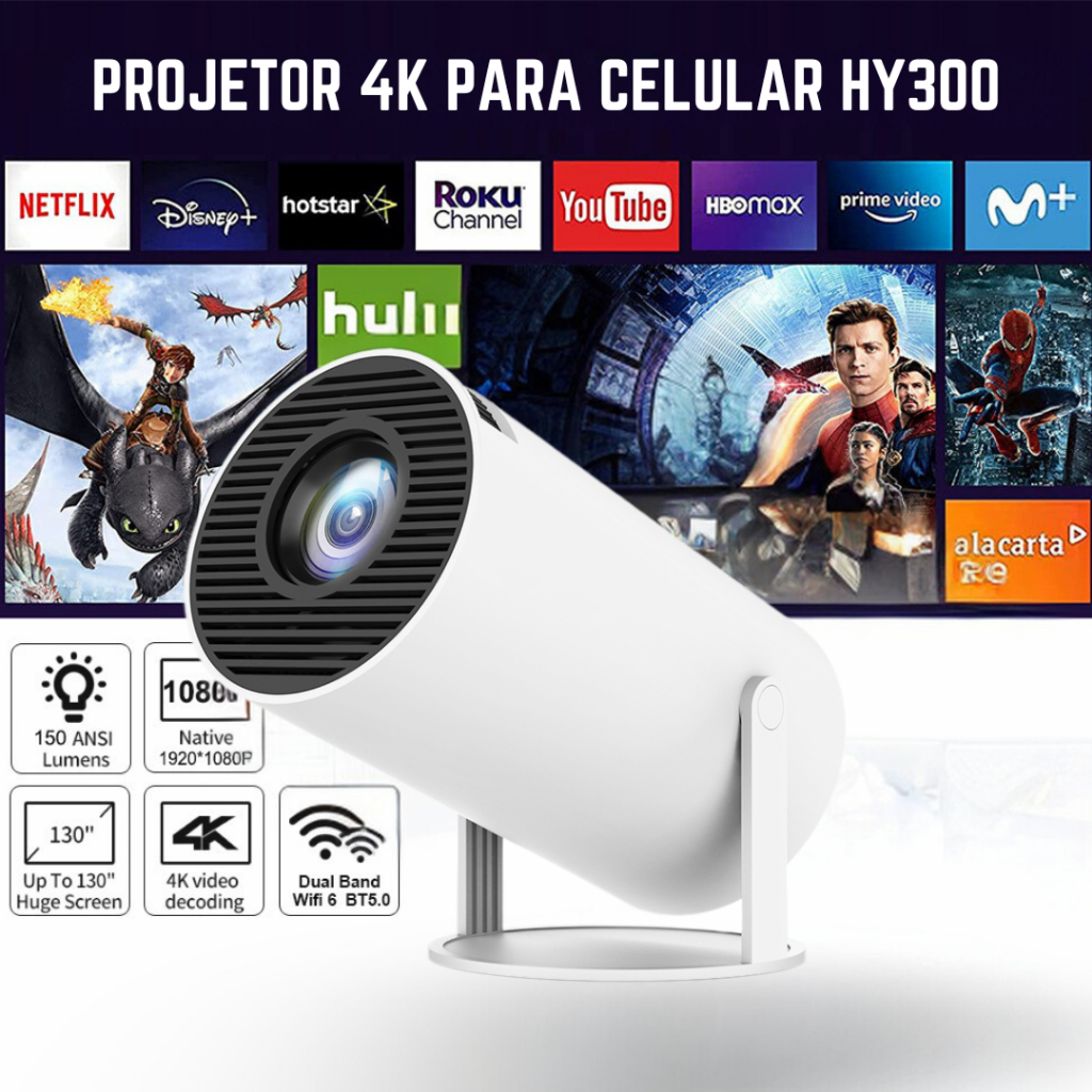 Projetor 4K HD 150 Polegadas Celular, Tv B0x, Xbox, PS, Pc, Wifi e ...