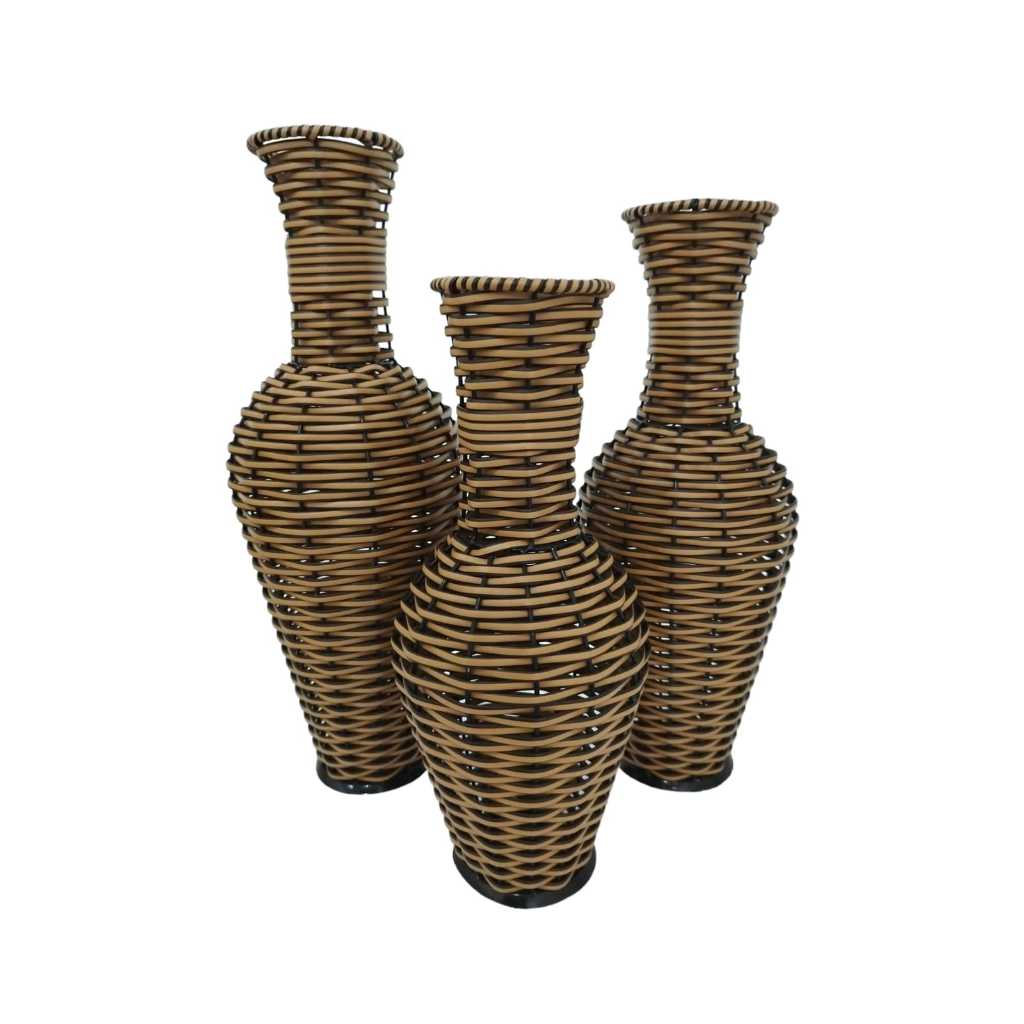 Trio de Vasos em ferro e junco decoração casa e jardim cor avelã ...