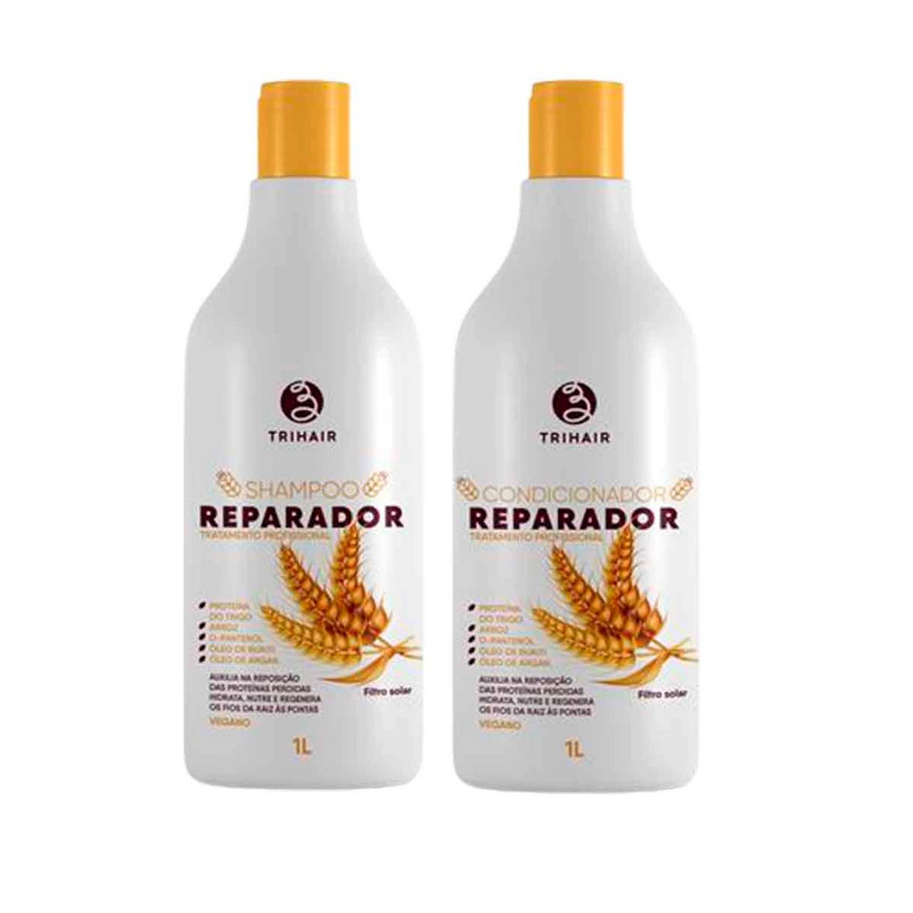 Kit Capilar Shampoo e Condicionador Com Proteina do Trigo Trihair 1L ...