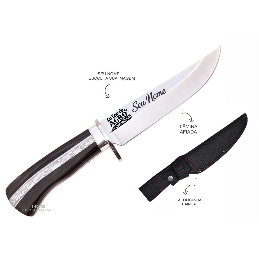 FACA EM AÇO INOX LINHA PREMIUM COM BAINHA PERSONALIZADA SEU NOME OU ...