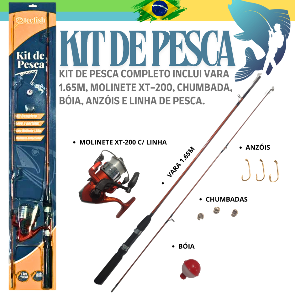 KIT PESCA 6 EM 1 INCLUI VARA DE PESCA1,65M, MOLINETE XT200, CHUMBADA, BÓIA, ANZÓIS E LINHA DE ...