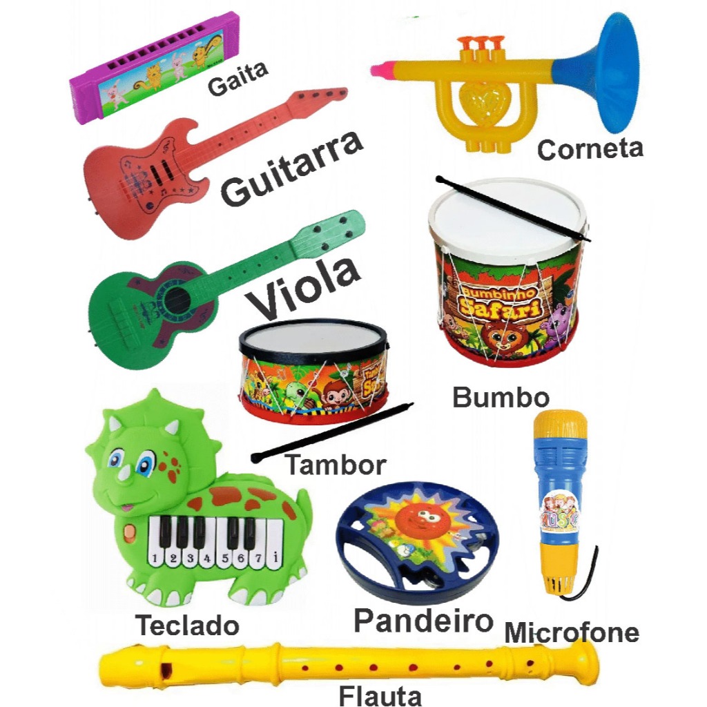 Kit 10 Instrumentos Musical Violão Pandeiro Flauta Guitarra Bumbo Infantil Brinquedo Banda ...