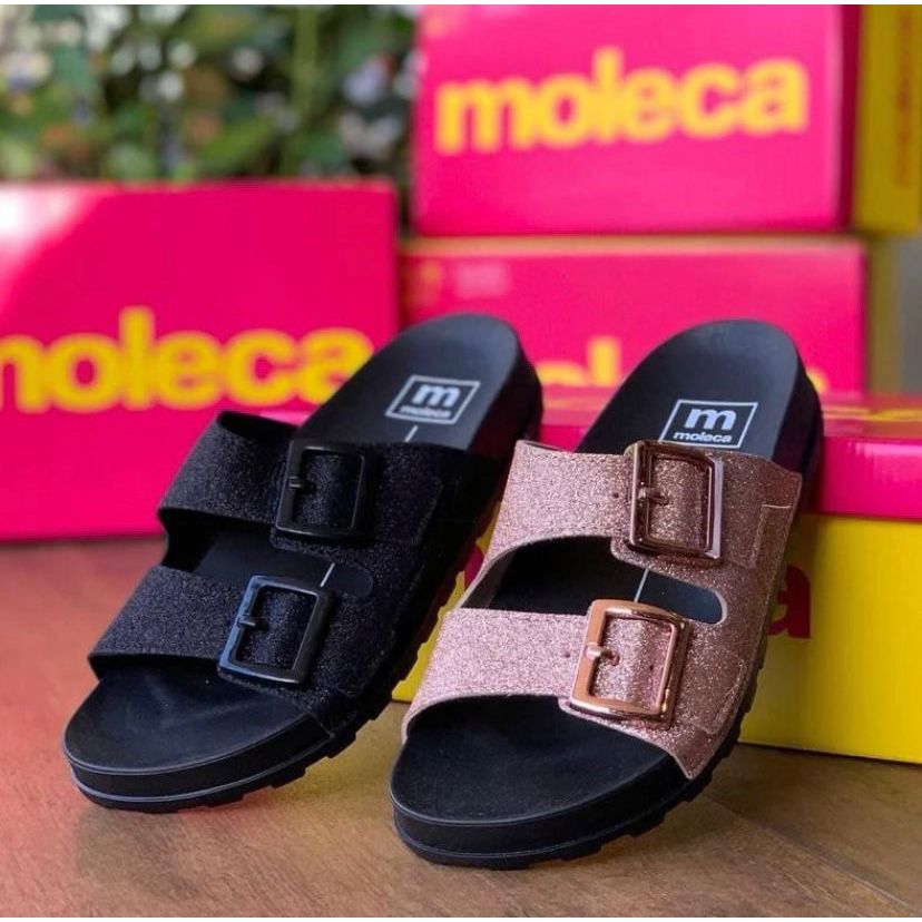 Sandália Moleca Rasteira Fivela Birken Brilho Feminina Slide Casual ...