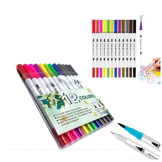 Kit Canetas Dual Tip 2 em 1 Brush Pen + Fineliner 12 cores | Shopee Brasil